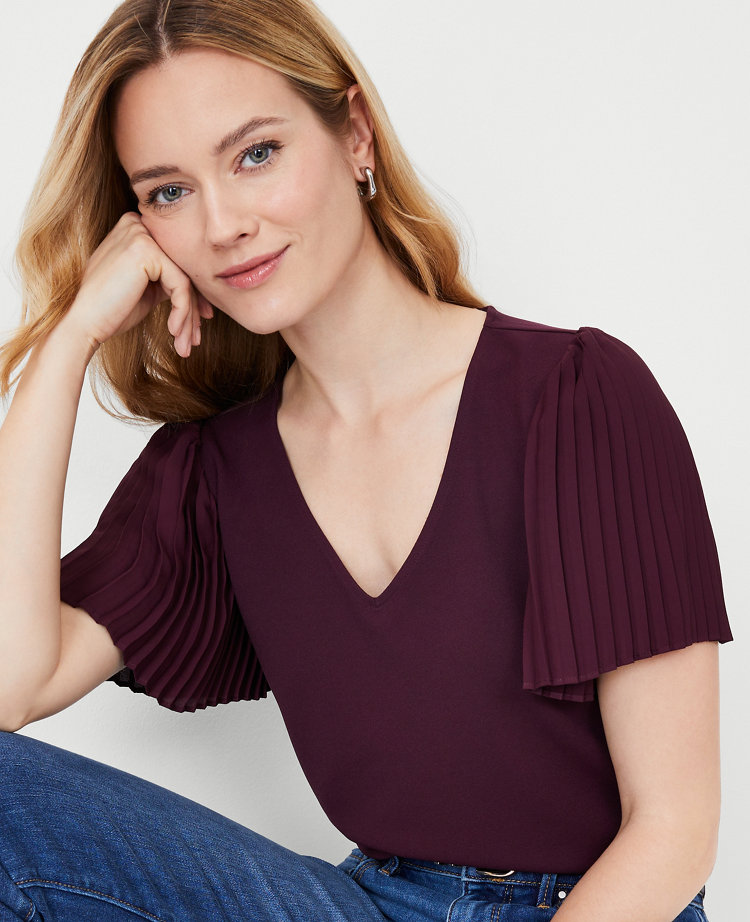 Crepe Mixed Media Pleated Sleeve Top