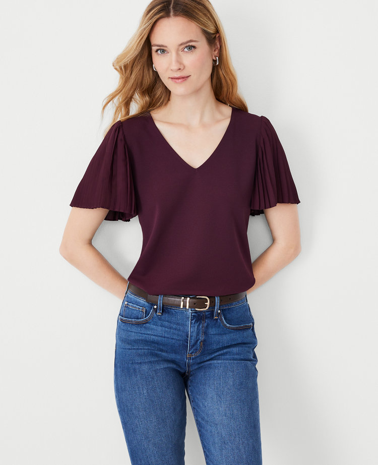 Crepe Mixed Media Pleated Sleeve Top