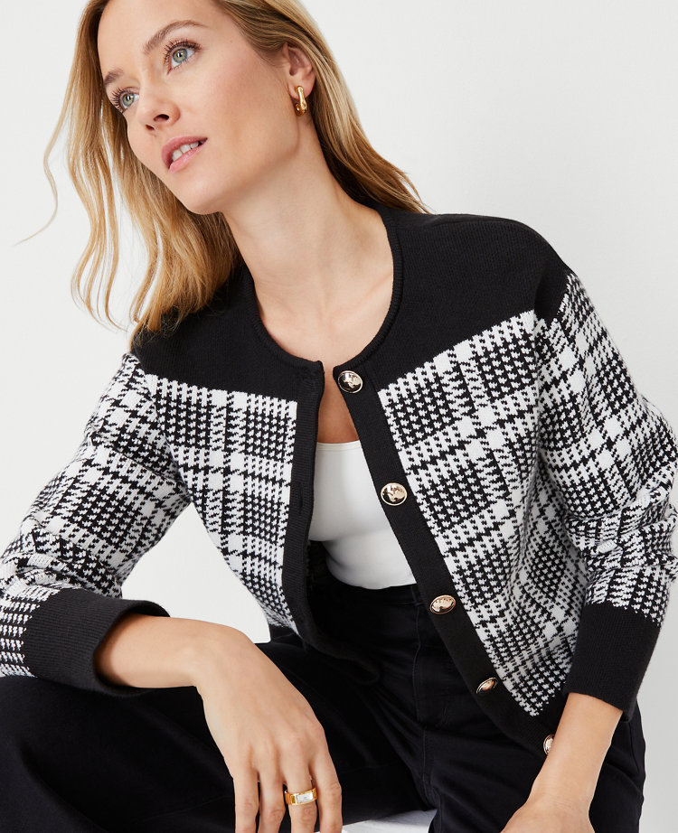 Plaid Crew Neck Sweater Jacket