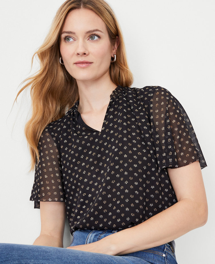 Floral Flounce Sleeve Ruffle Neck Popover