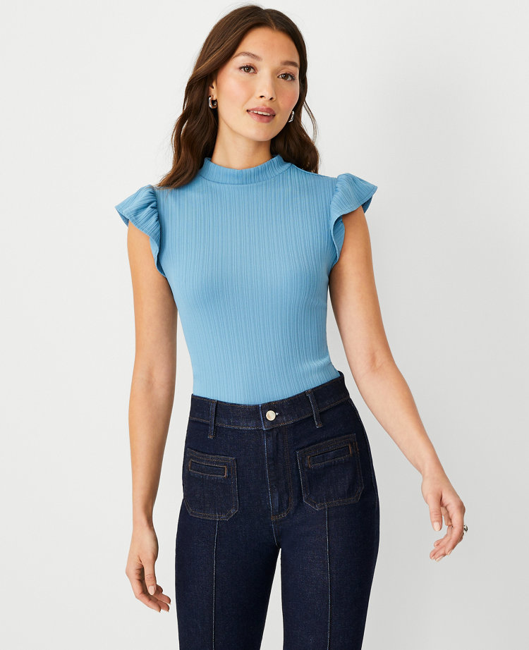 Mock Neck Ruffle Shoulder Top