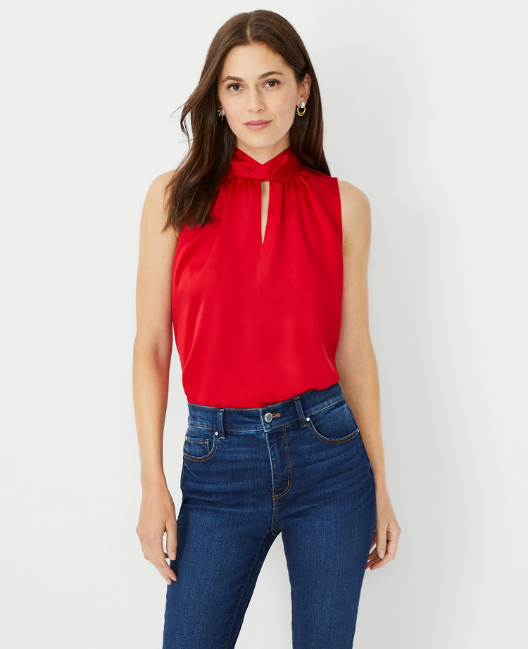 Mixed Media Tie Mock Neck Shell