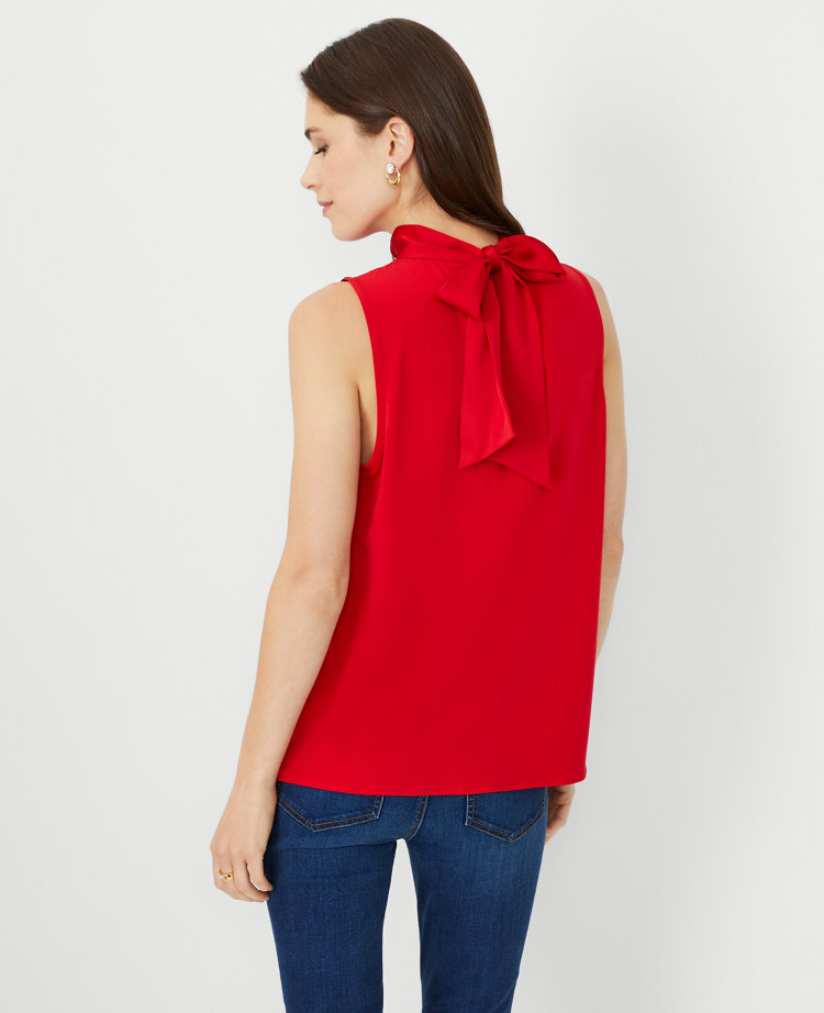 Mixed Media Tie Mock Neck Shell