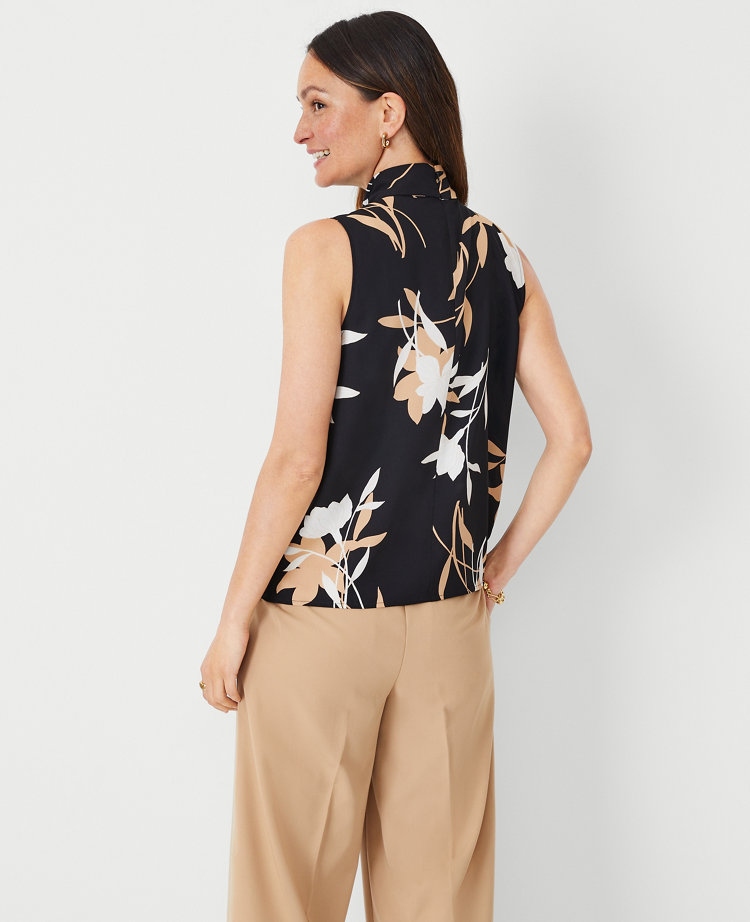 Floral Shoulder Button Tie Mock Neck Shell