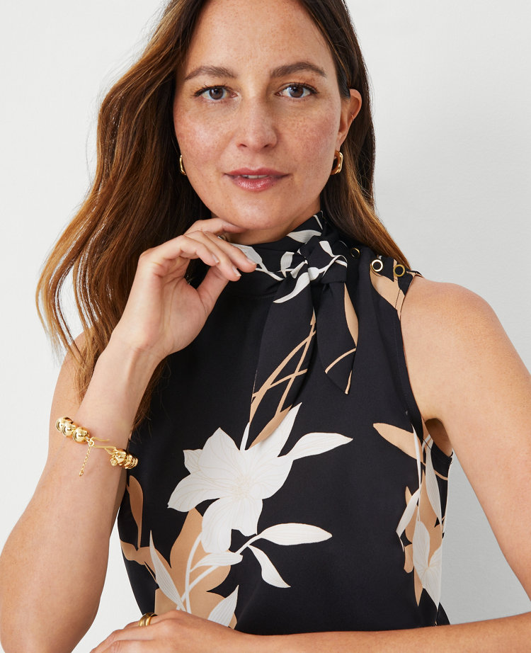 Floral Shoulder Button Tie Mock Neck Shell