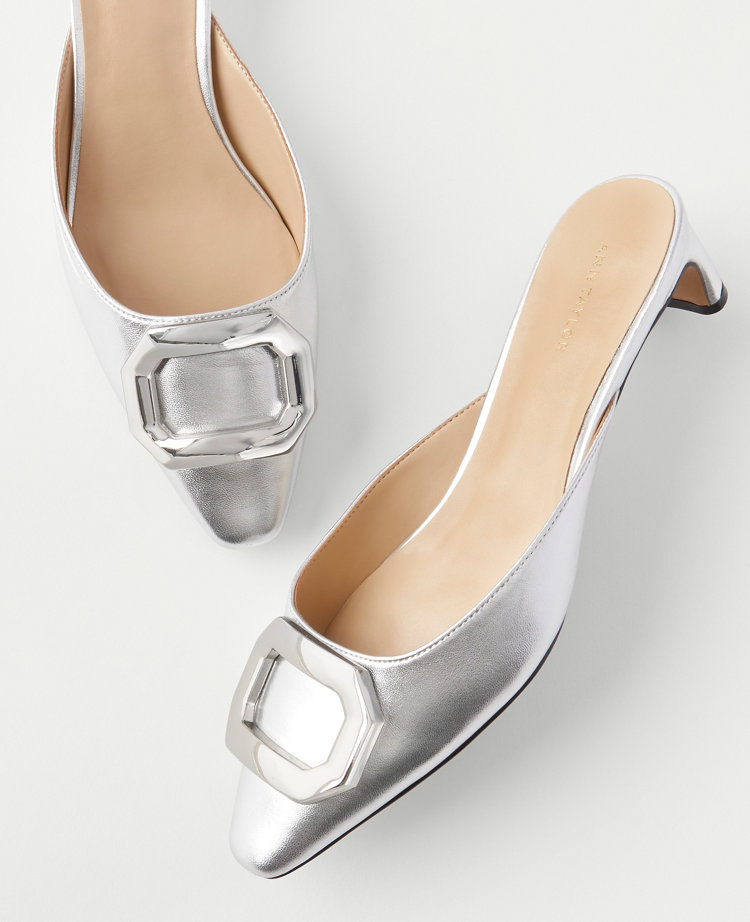 Metallic Leather Buckle Mule Pumps