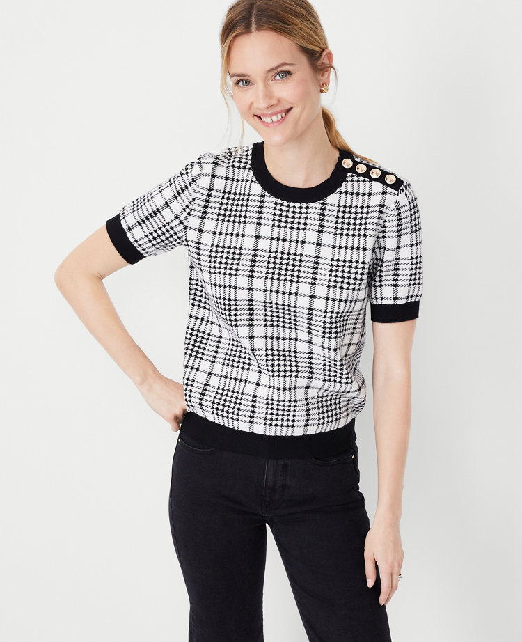 Petite Plaid Jacquard Shoulder Button Sweater Tee
