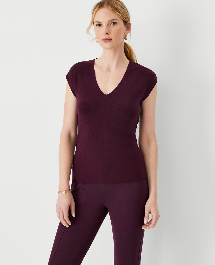 Ribbed Wide Shoulder V-Neck Sweater Shell