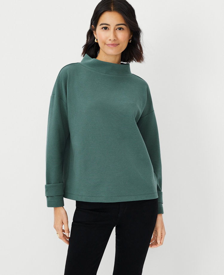 Textured Button Tab Mock Neck Top