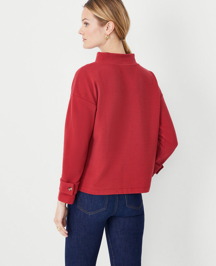 Textured Button Tab Mock Neck Top