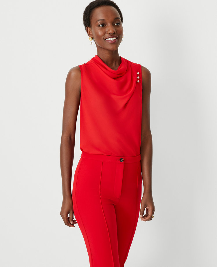 Pearlized Button Cowl Neck Shell