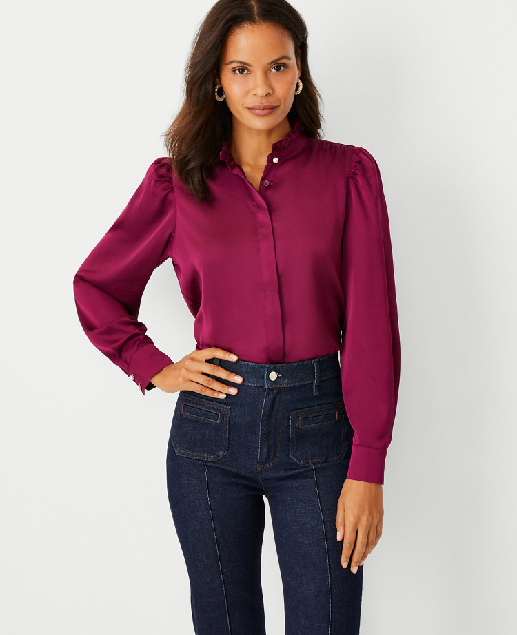 Pearlized Button Ruffle Neck Shirt