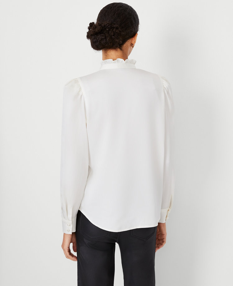 Pearlized Button Ruffle Neck Shirt