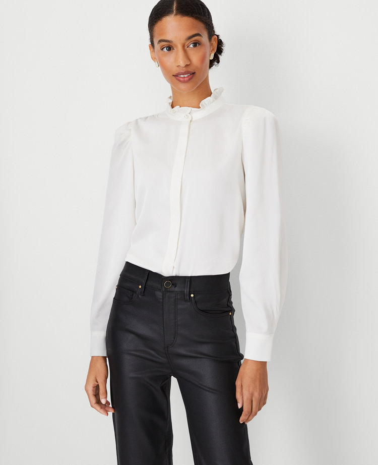 Pearlized Button Ruffle Neck Shirt