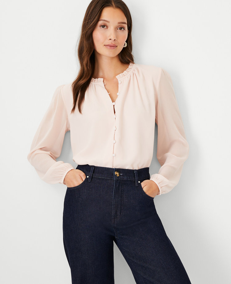 Chiffon Mixed Media Ruffle Neck Top