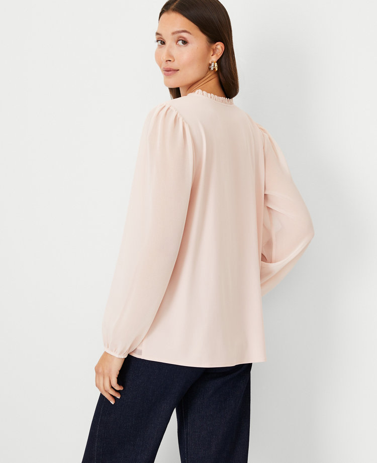 Chiffon Mixed Media Ruffle Neck Top
