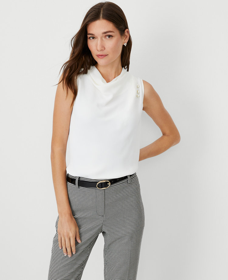 Pearlized Button Cowl Neck Shell