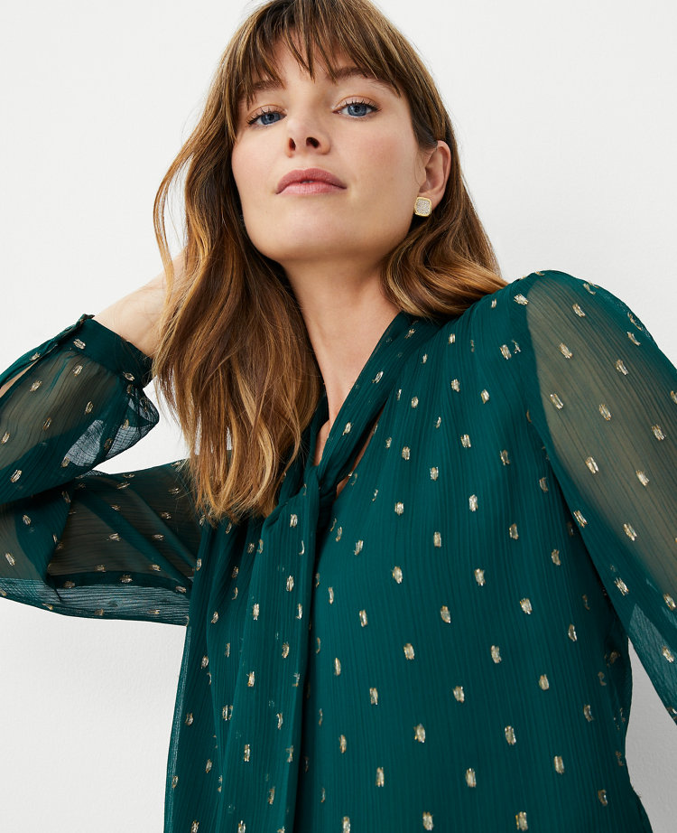 Metallic Clip Tie Neck Blouse