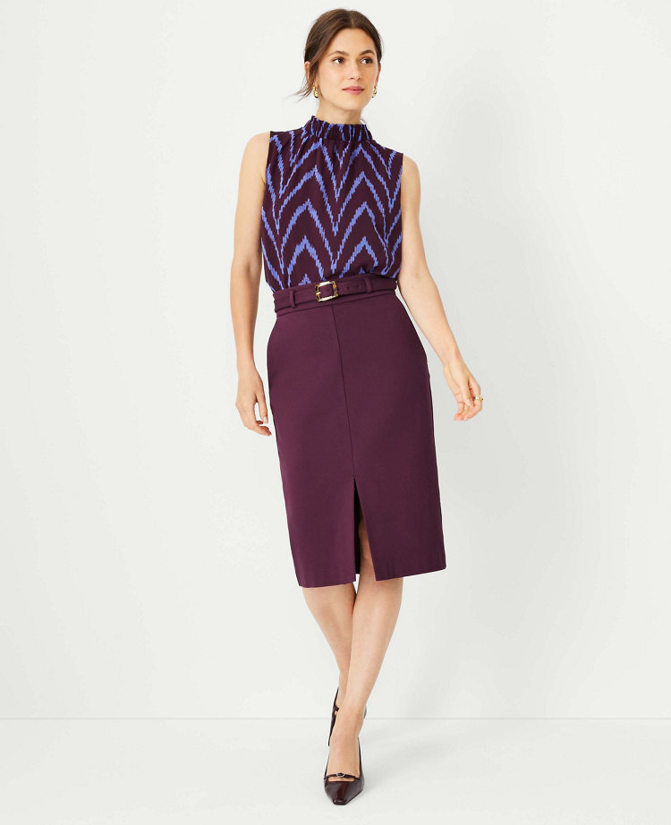 Belted Front Slit Pencil Skirt
