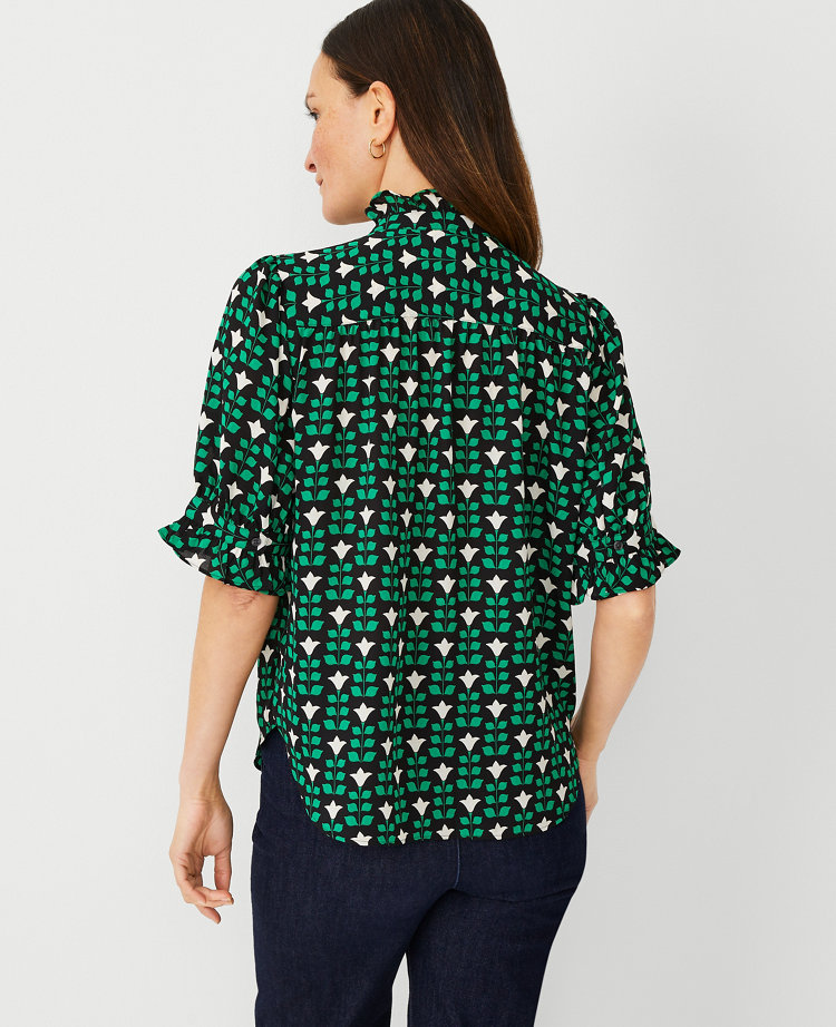 Floral Tile Ruffle Button Top
