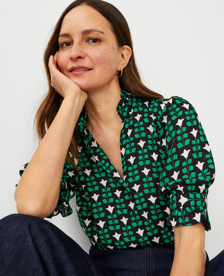 Floral Tile Ruffle Button Top