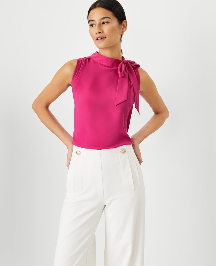 Asymmetrical Tie Neck Mixed Media Shell