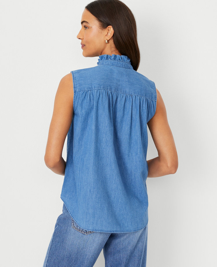 Chambray Ruffle Button Sleeveless Top