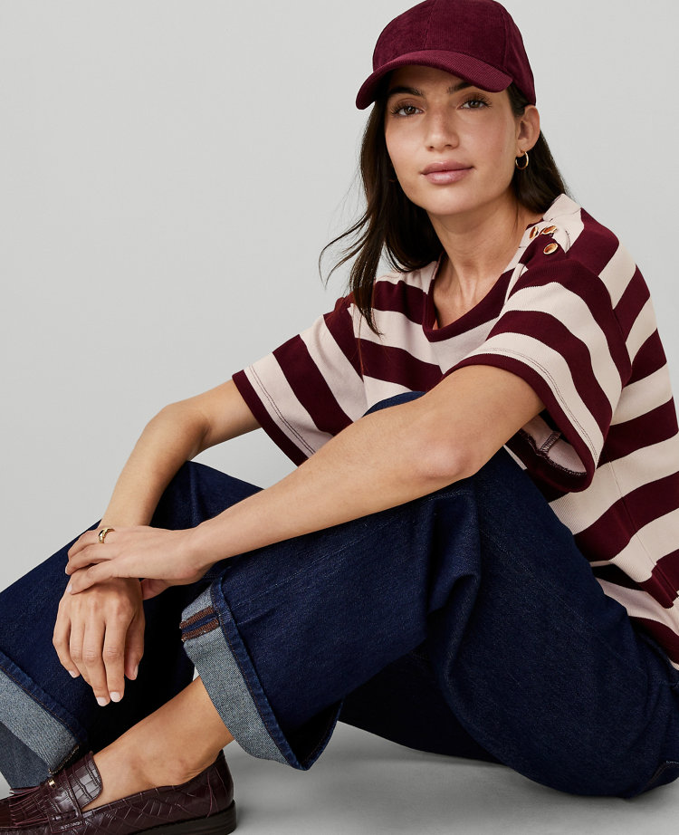 Weekend Stripe Ribbed Shoulder Button Tee