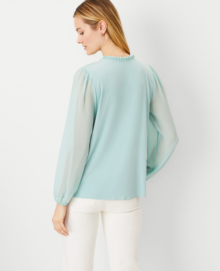 Chiffon Mixed Media Ruffle Neck Top