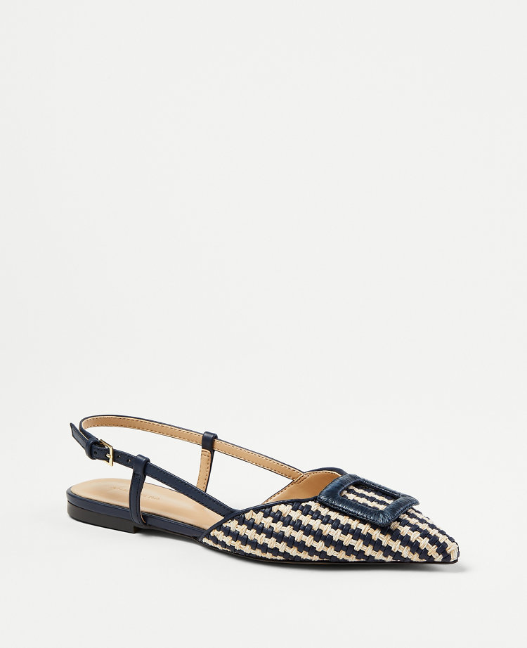 Woven Leather Covered Buckle Slingback Flats