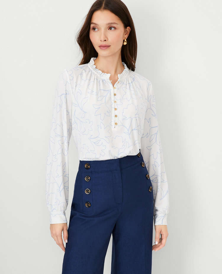 Floral Ruffle Neck Button Top