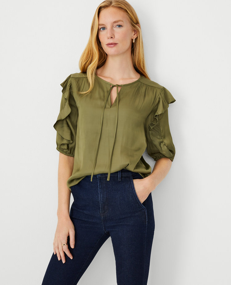 Shirred Ruffle Tie Neck Popover