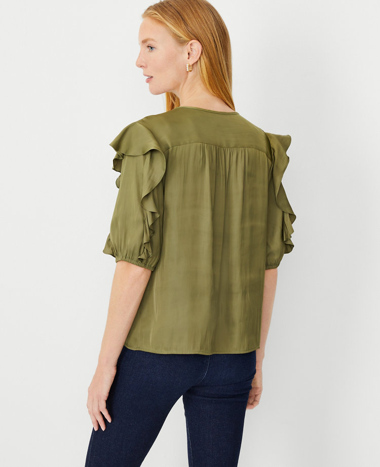 Shirred Ruffle Tie Neck Popover