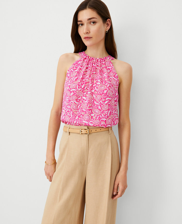 Floral Pleat Neck Halter Top