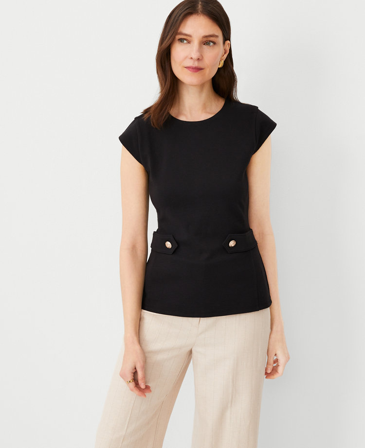 Textured Button Waist Cap Sleeve Top