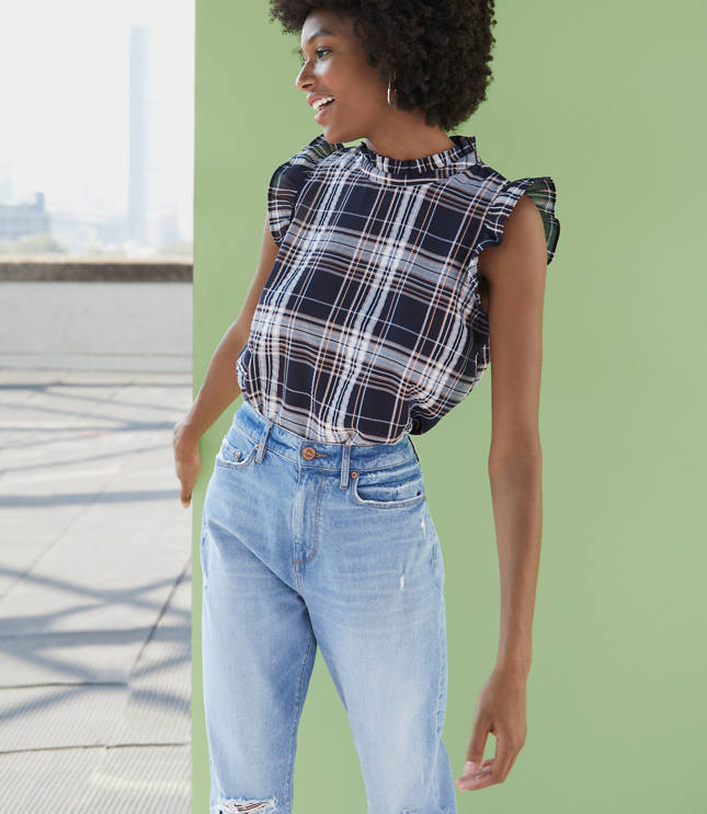 Plaid Ruffle Sleeve Shell