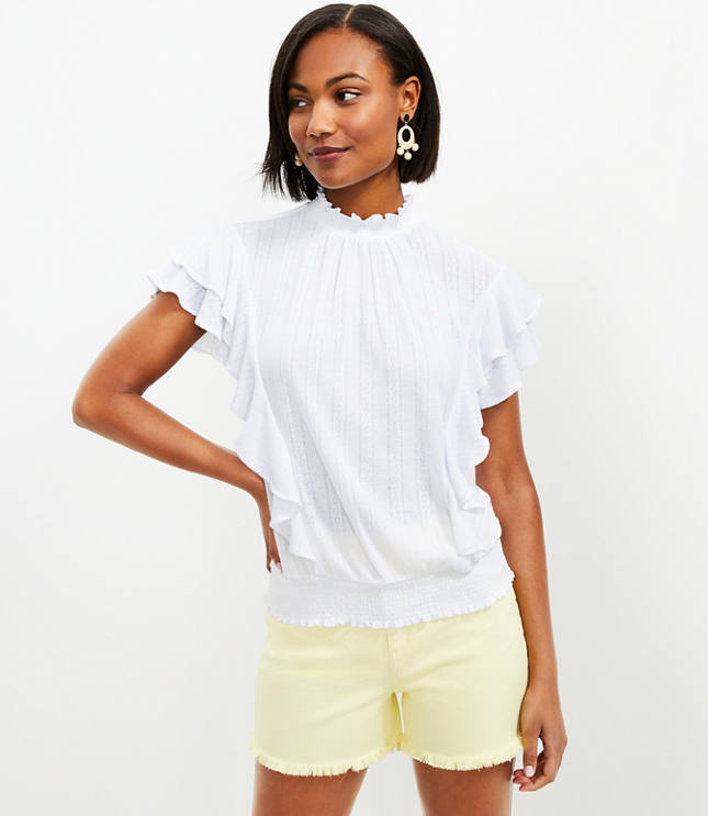 Pointelle Ruffle Smocked Shell