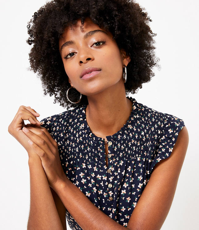 Floral Smocked Split Neck Shell