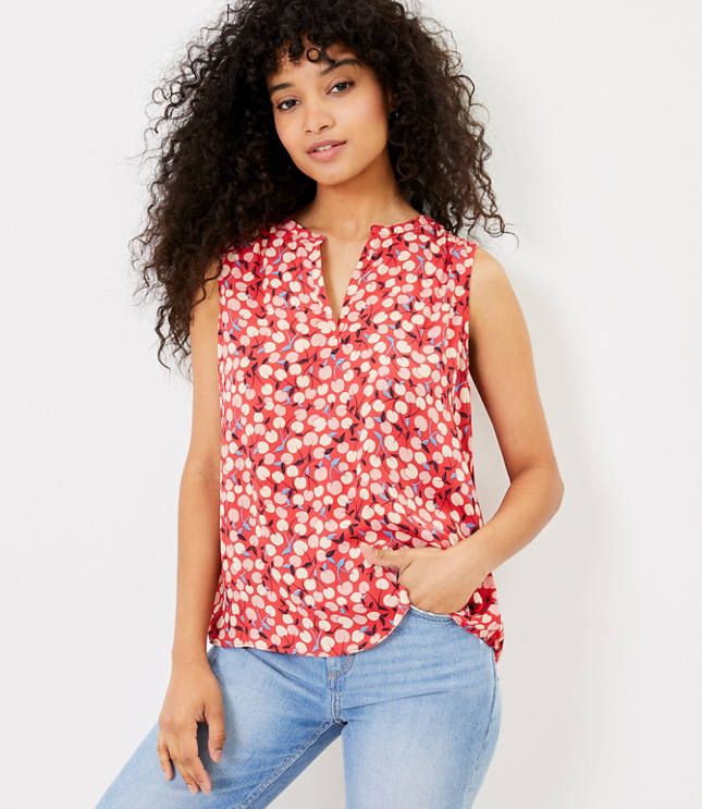 Cherry Split Neck Mixed Media Shell