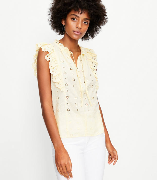 Eyelet Split Neck Ruffle Shell