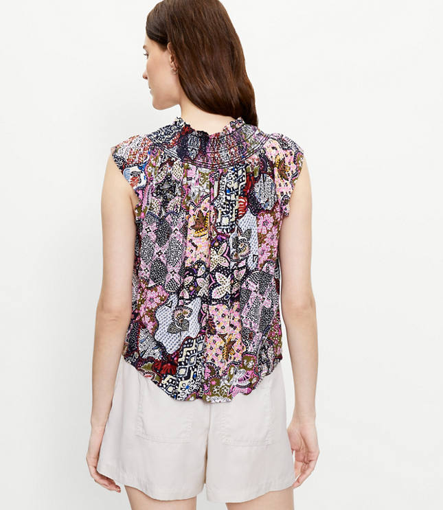 Mosaic Floral Smocked Neck Shell
