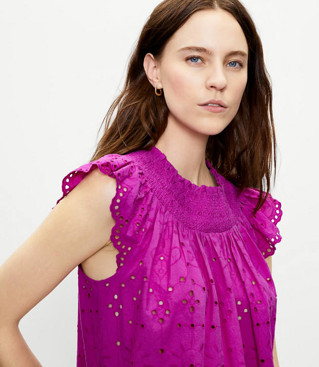 Petite Eyelet Smocked Neck Shell