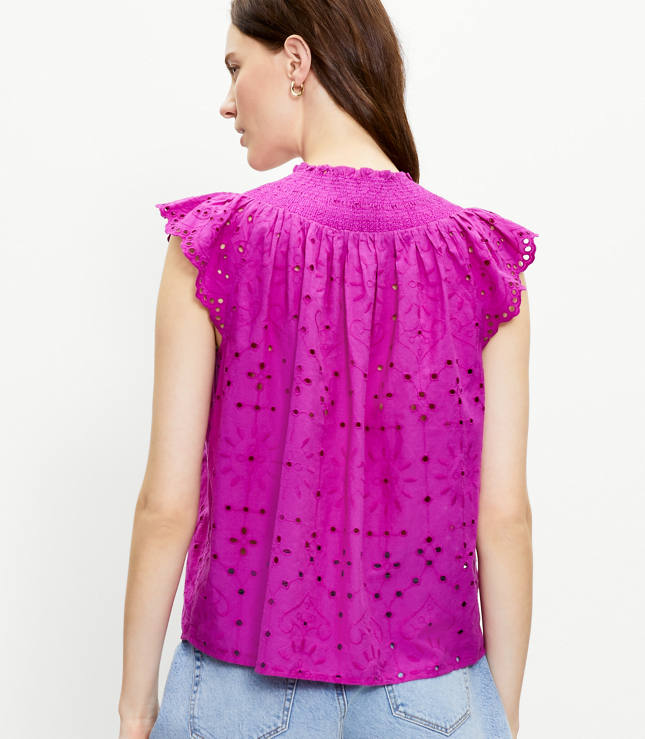 Petite Eyelet Smocked Neck Shell