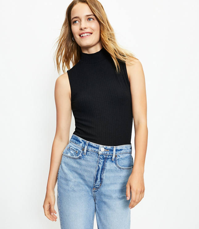 Ribbed Ruffle Mock Neck Shell