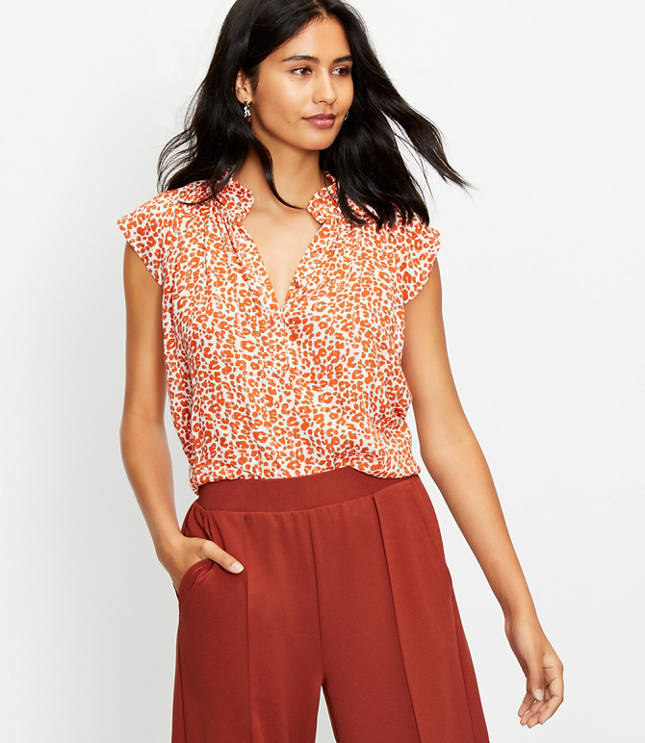 Petite Shimmer Leopard Print Ruffle Henley Shell