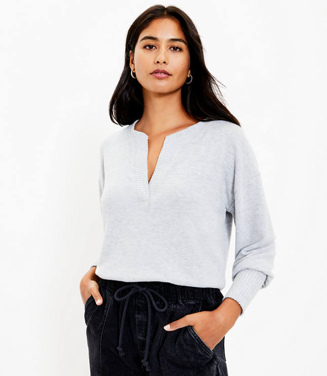 Rib Trim Cozy Split Neck Tunic Top