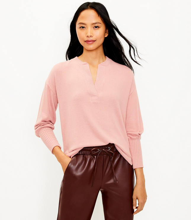 Rib Trim Cozy Split Neck Tunic Top