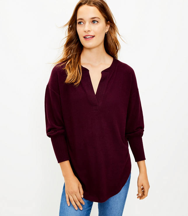 Rib Trim Cozy Split Neck Tunic Top