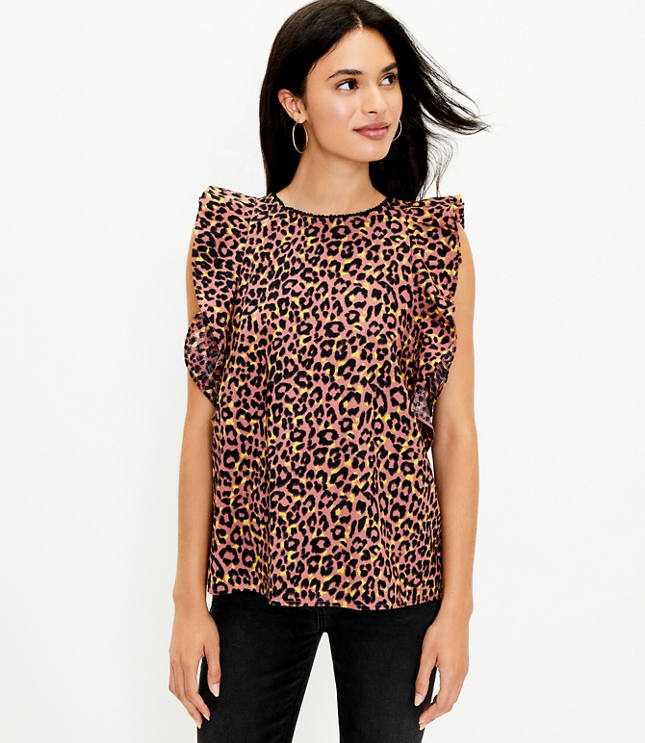 Leopard Print Cutout Back Ruffle Shell