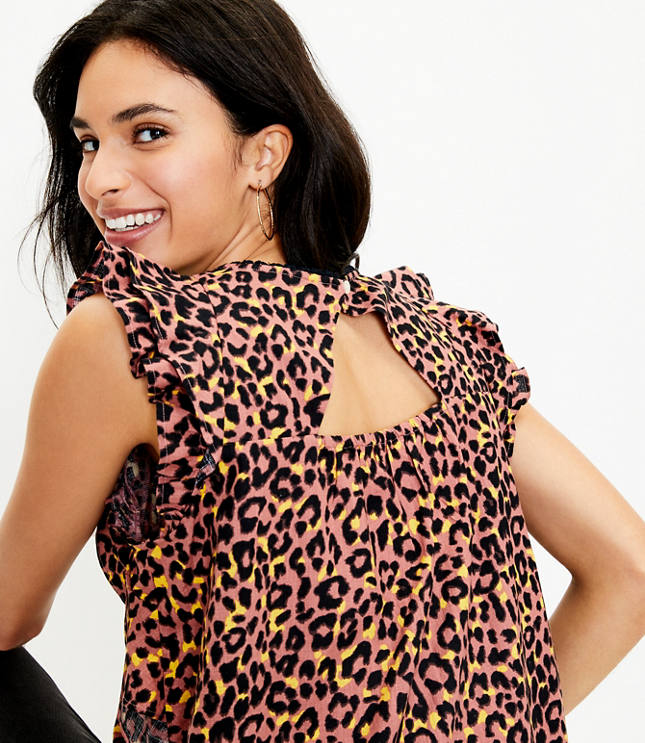 Leopard Print Cutout Back Ruffle Shell